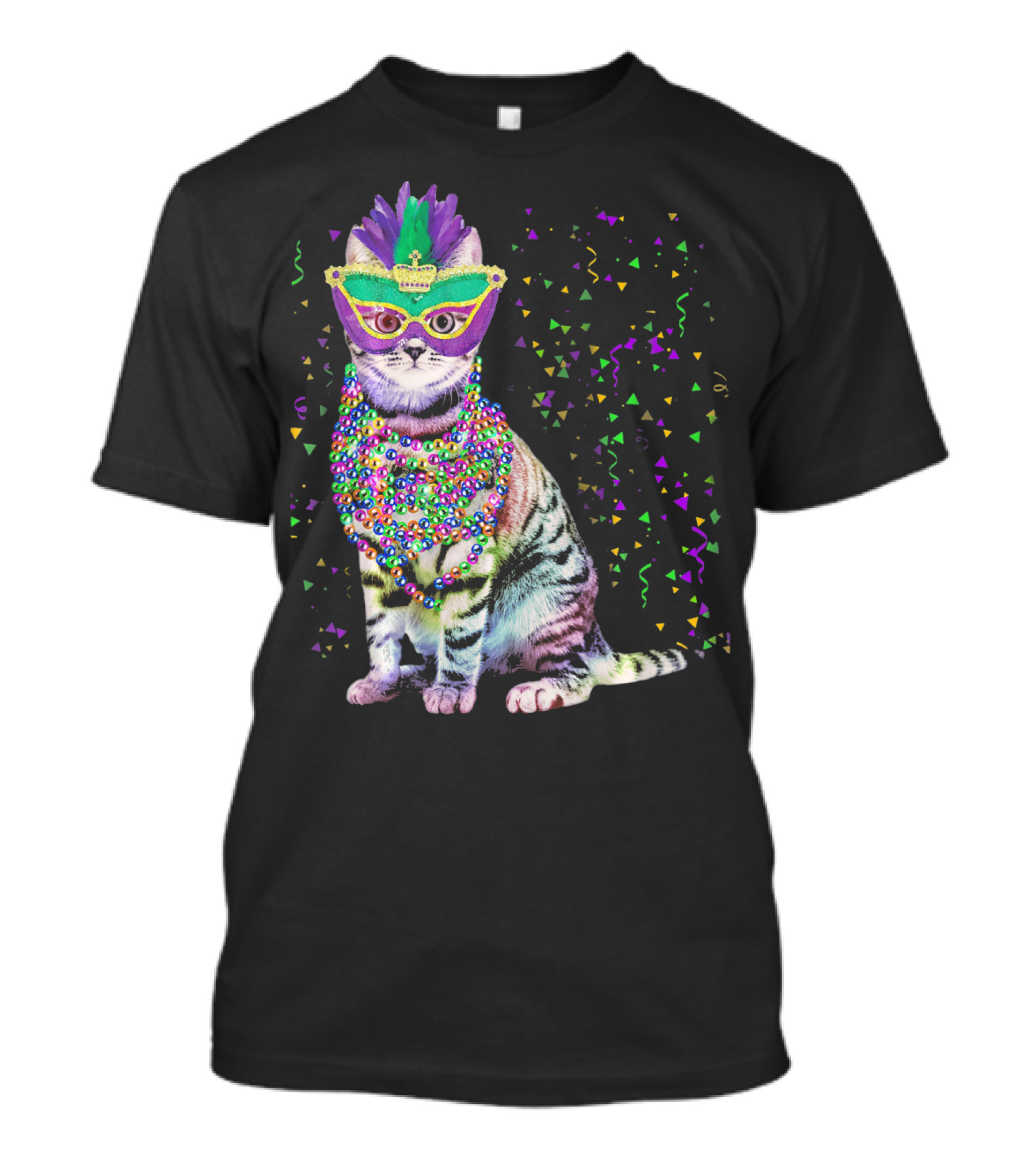 Cat Mardi Gras Beads Confetti Mask T-Shirt