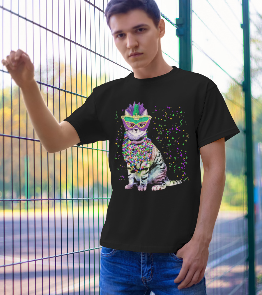Cat Mardi Gras Beads Confetti Mask T-Shirt