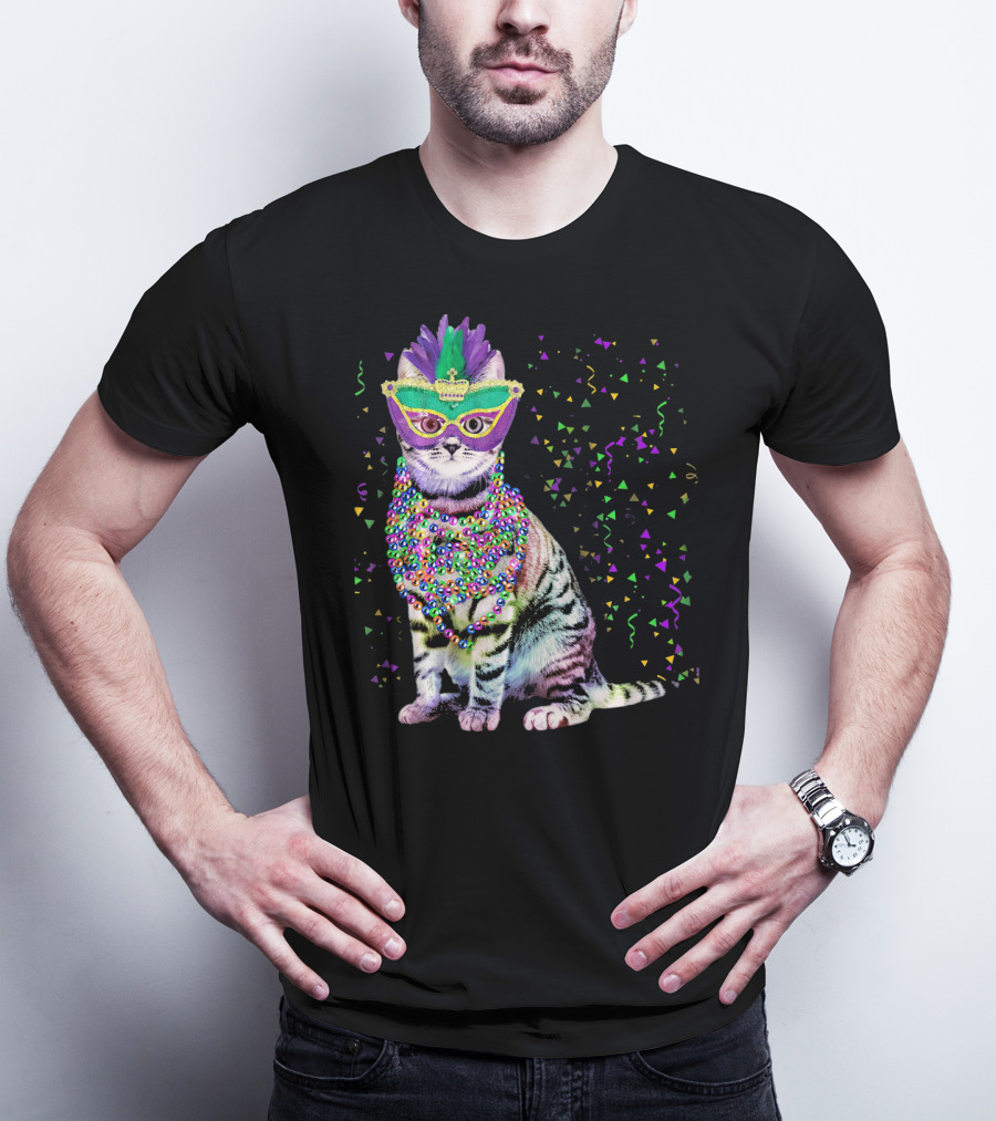 Cat Mardi Gras Beads Confetti Mask T-Shirt