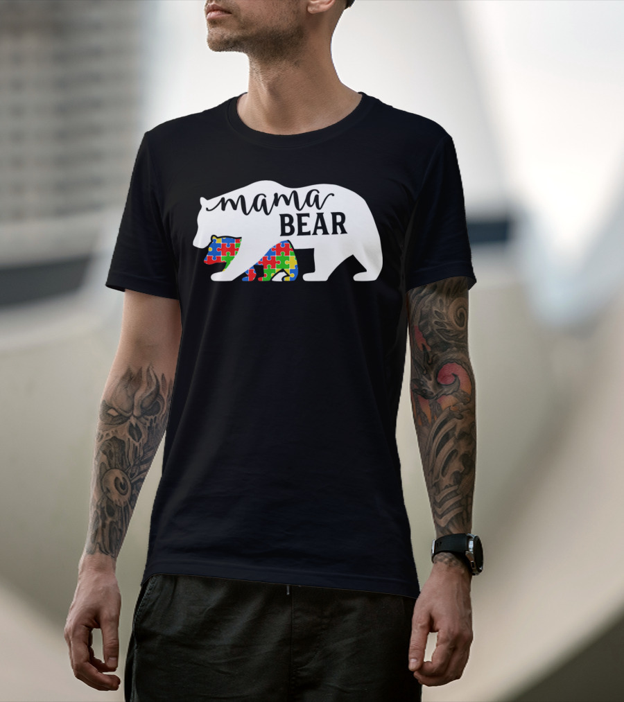Mama Bear Autism Awareness Month Puzzle Silhouette Fam T-Shirt