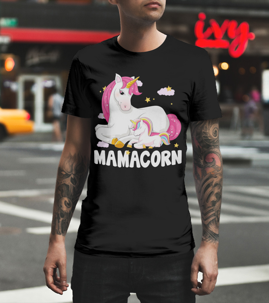 Mamacorn Unicorn New Mom Baby Momm With Stars And Clouds T-Shirt
