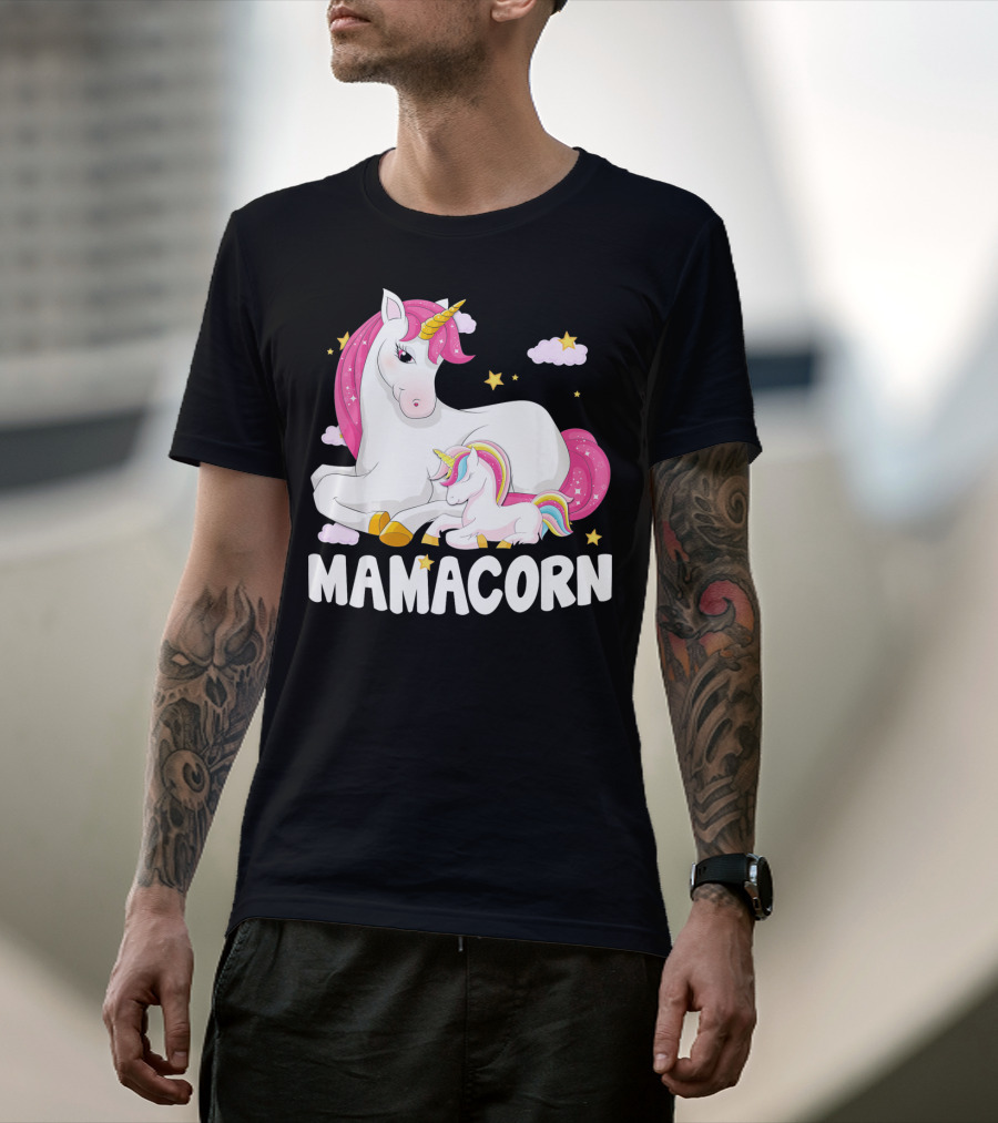 Mamacorn Unicorn New Mom Baby Momm With Stars And Clouds T-Shirt