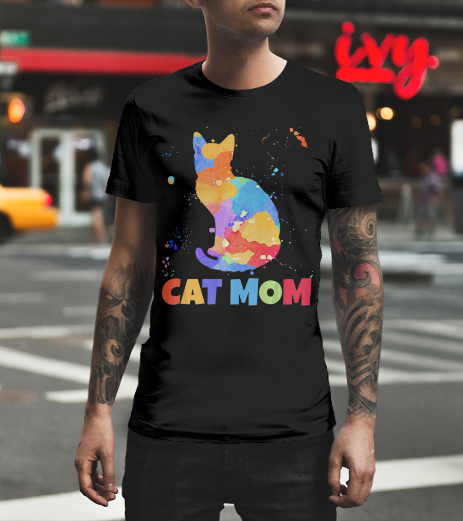 CAT MOM Colorful Watercolor Silhouette With Splash T-Shirt