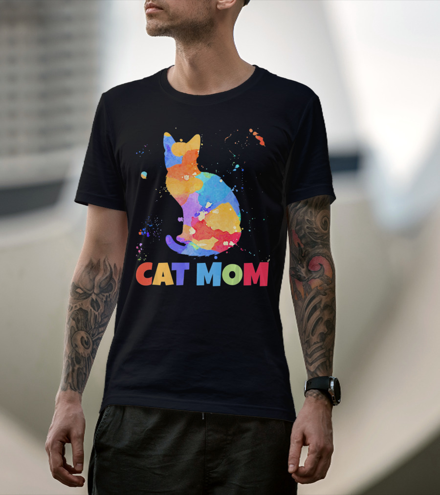 CAT MOM Colorful Watercolor Silhouette With Splash T-Shirt