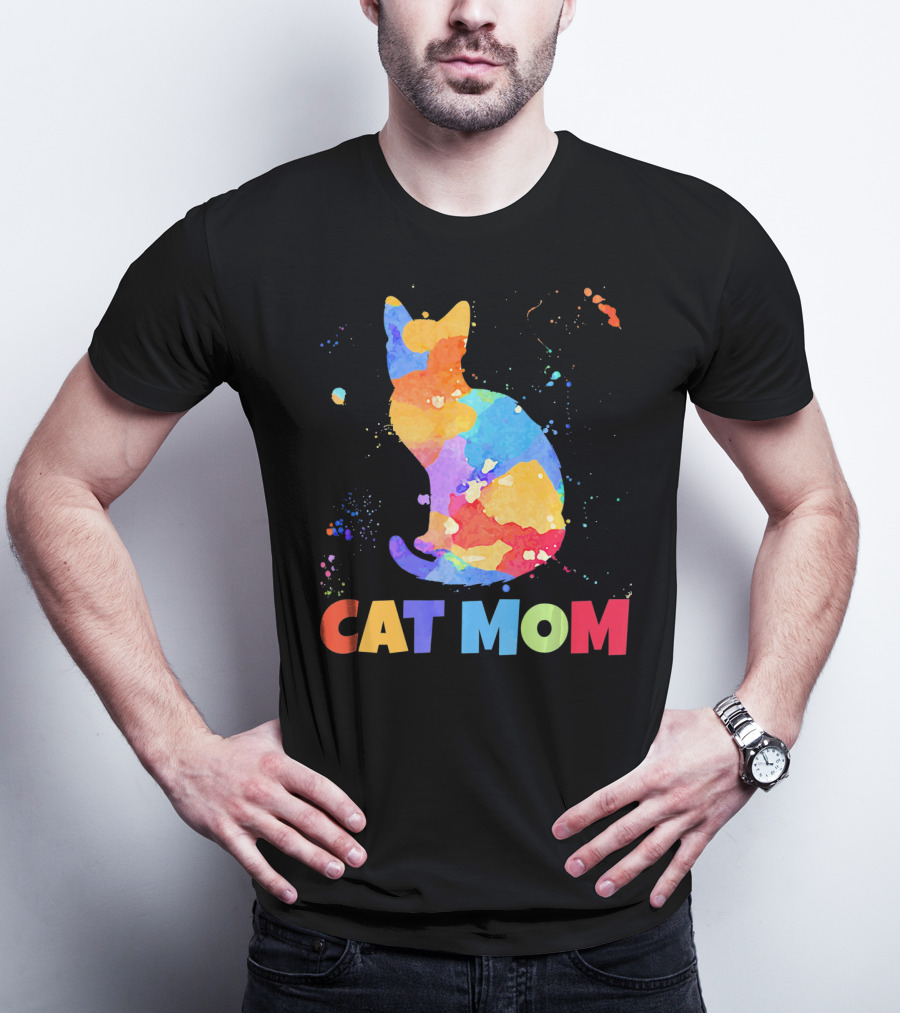 CAT MOM Colorful Watercolor Silhouette With Splash T-Shirt