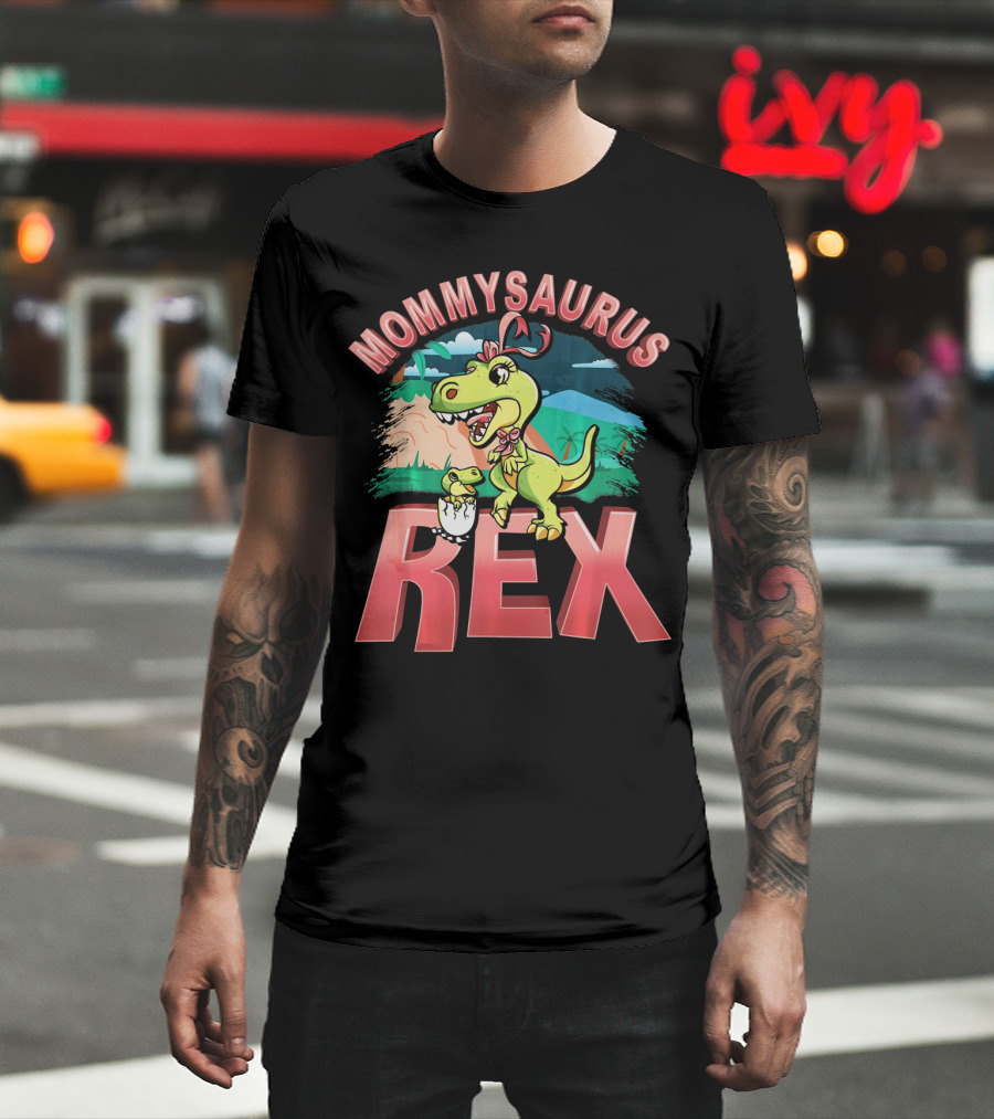 Mommysaurus Rex Dinosaur With Baby Egg In Prehistoric Landscape T-Shirt