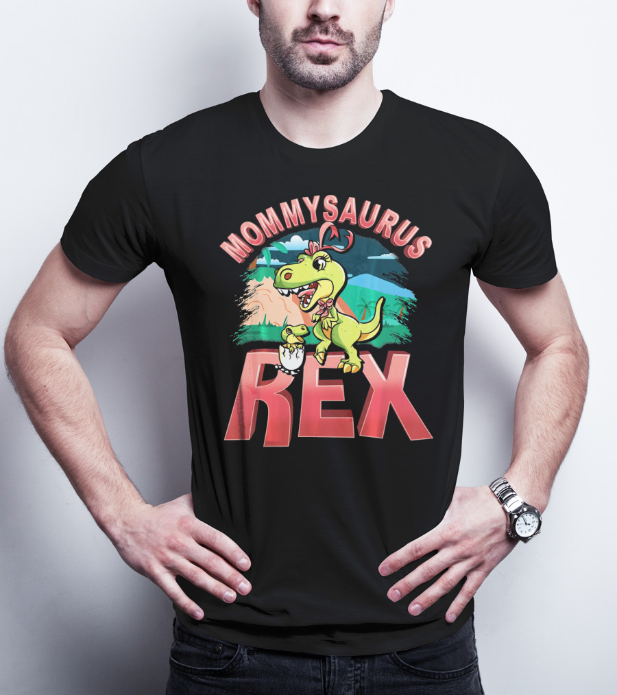 Mommysaurus Rex Dinosaur With Baby Egg In Prehistoric Landscape T-Shirt