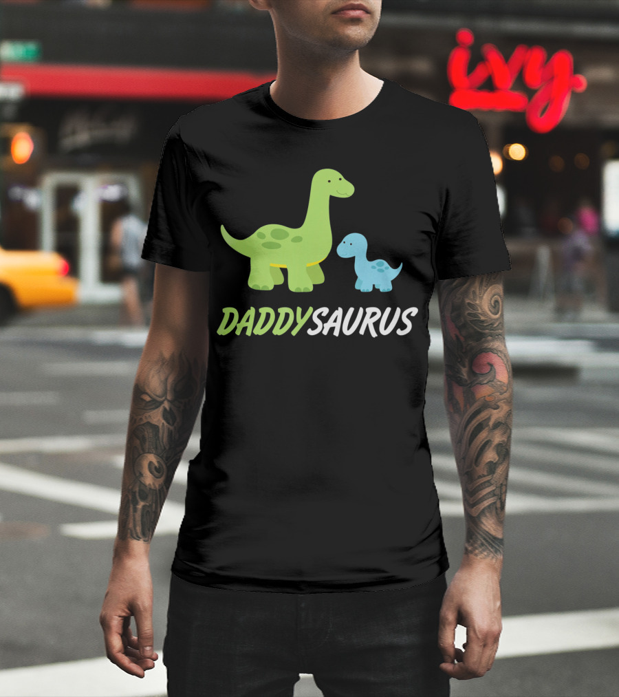 Daddysaurus Cute Sweet Daddy Family With Green Blue Dinosaurs T-Shirt