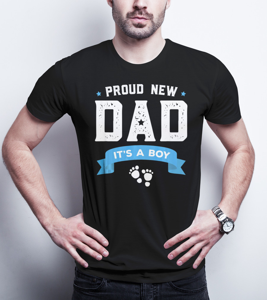 Proud New Dad It's A Boy With Baby Footprints And Stars T-Shirt