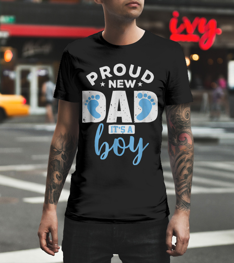 Proud New Dad It's A Boy Blue Footprints T-Shirt