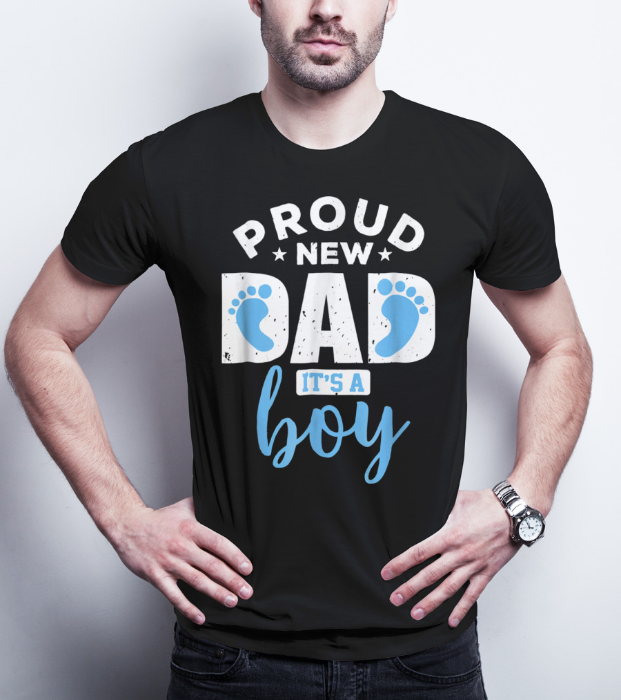 Proud New Dad It's A Boy Blue Footprints T-Shirt