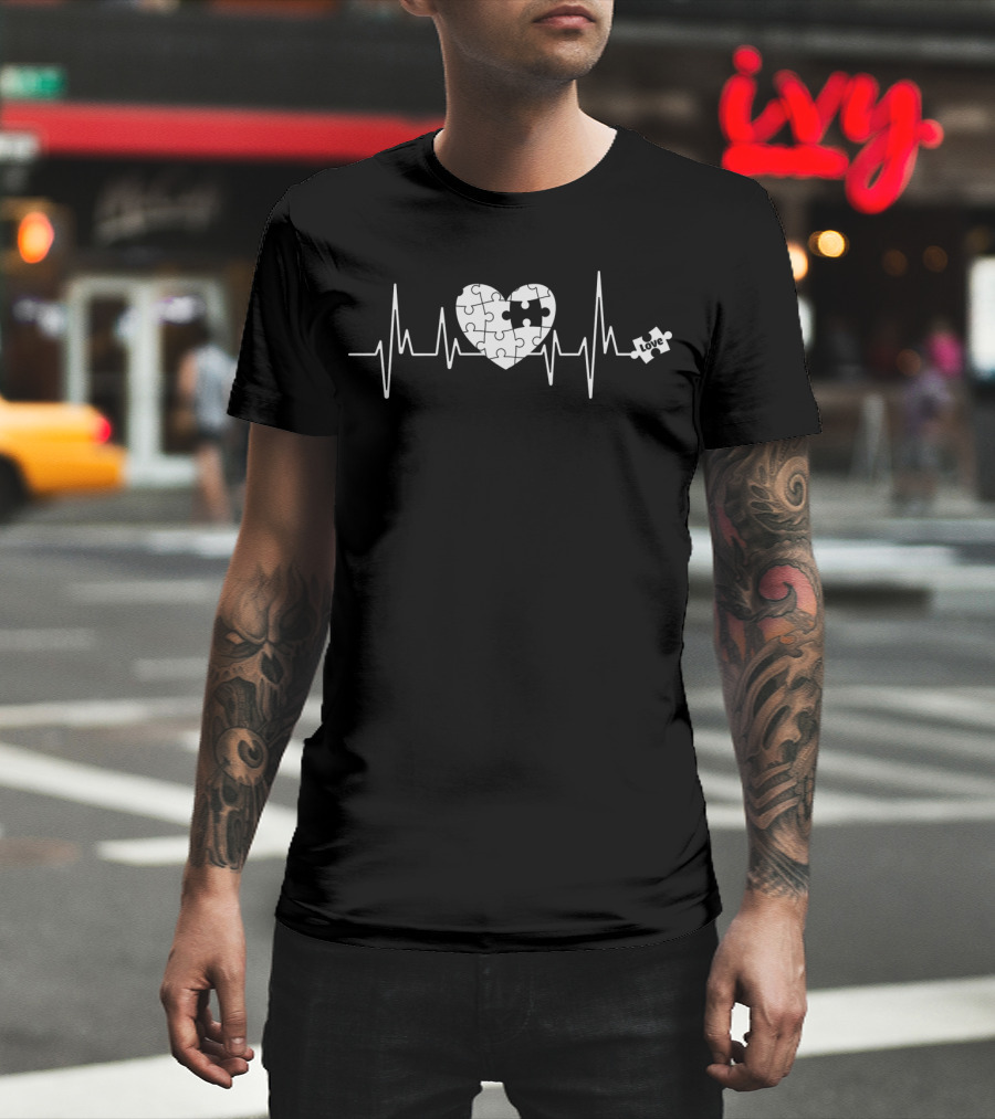 Love Heart Puzzle Autism Awareness Heartbeat T-Shirt