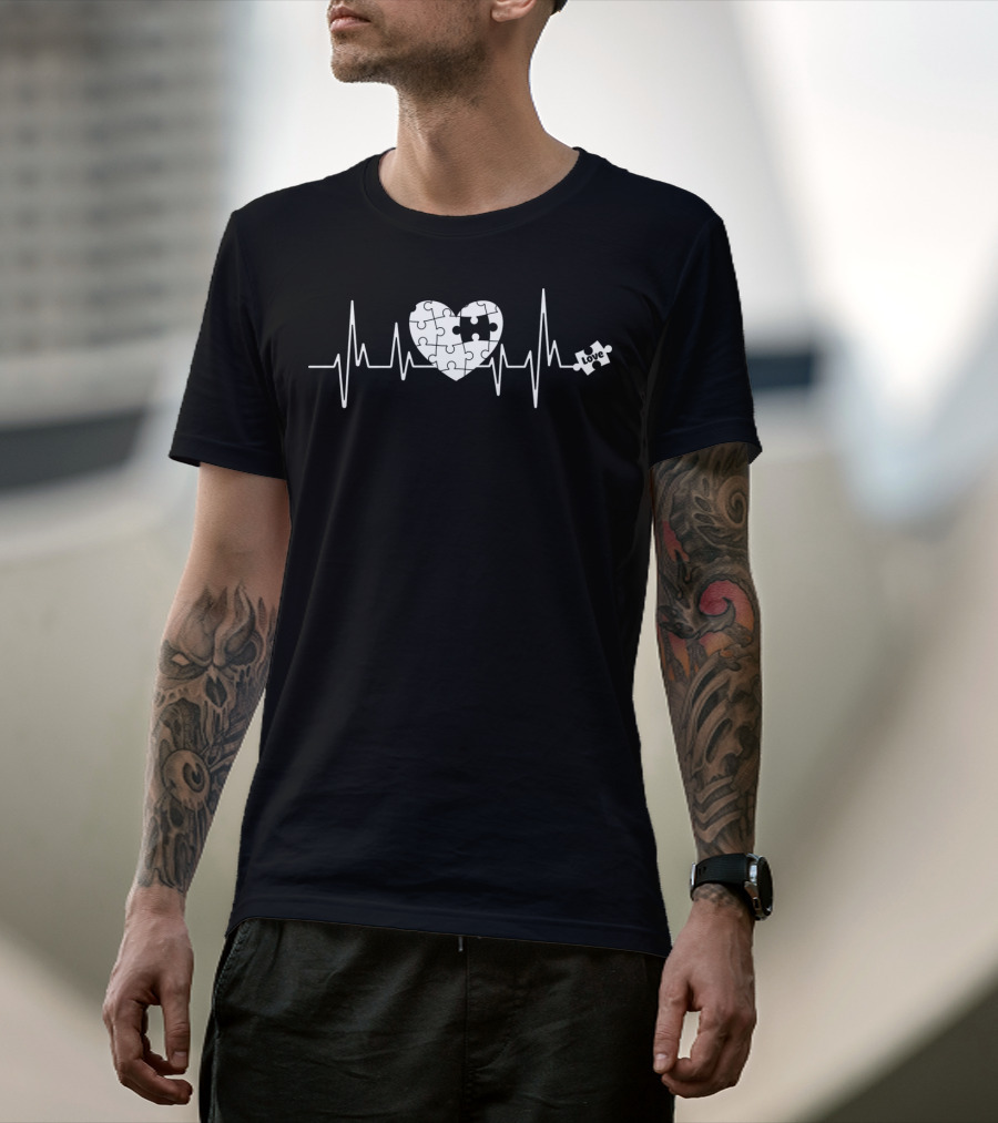 Love Heart Puzzle Autism Awareness Heartbeat T-Shirt