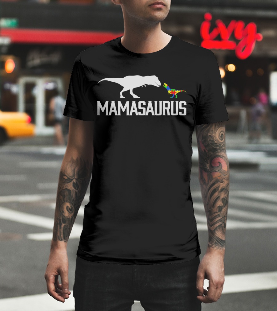 Mamasaurus Dinosaur Autism Mom Puzzle Piece T-Shirt
