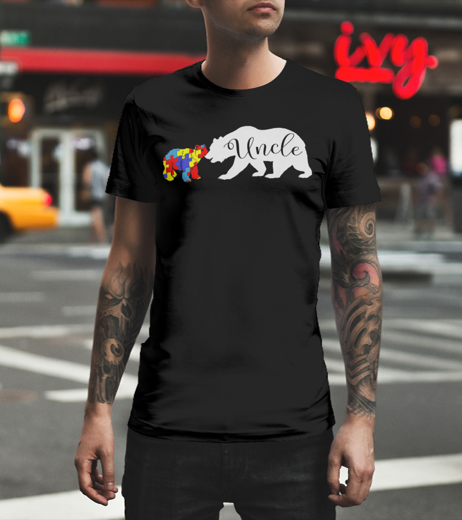 Uncle Bear With Autism Puzzle Bear Design For Awareness Month T-Shirt