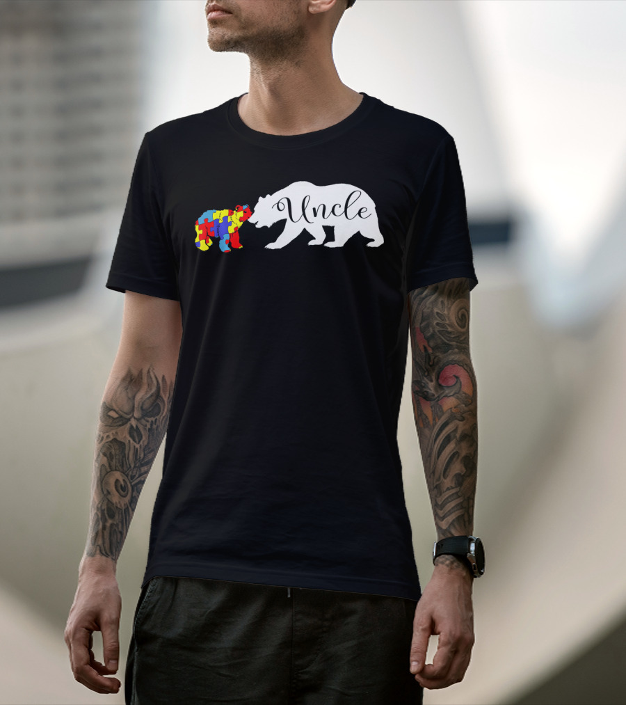 Uncle Bear With Autism Puzzle Bear Design For Awareness Month T-Shirt