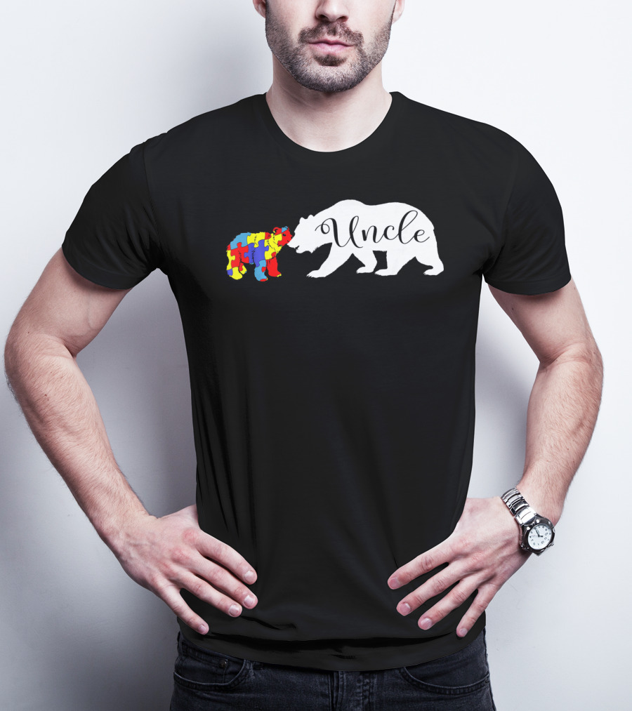 Uncle Bear With Autism Puzzle Bear Design For Awareness Month T-Shirt