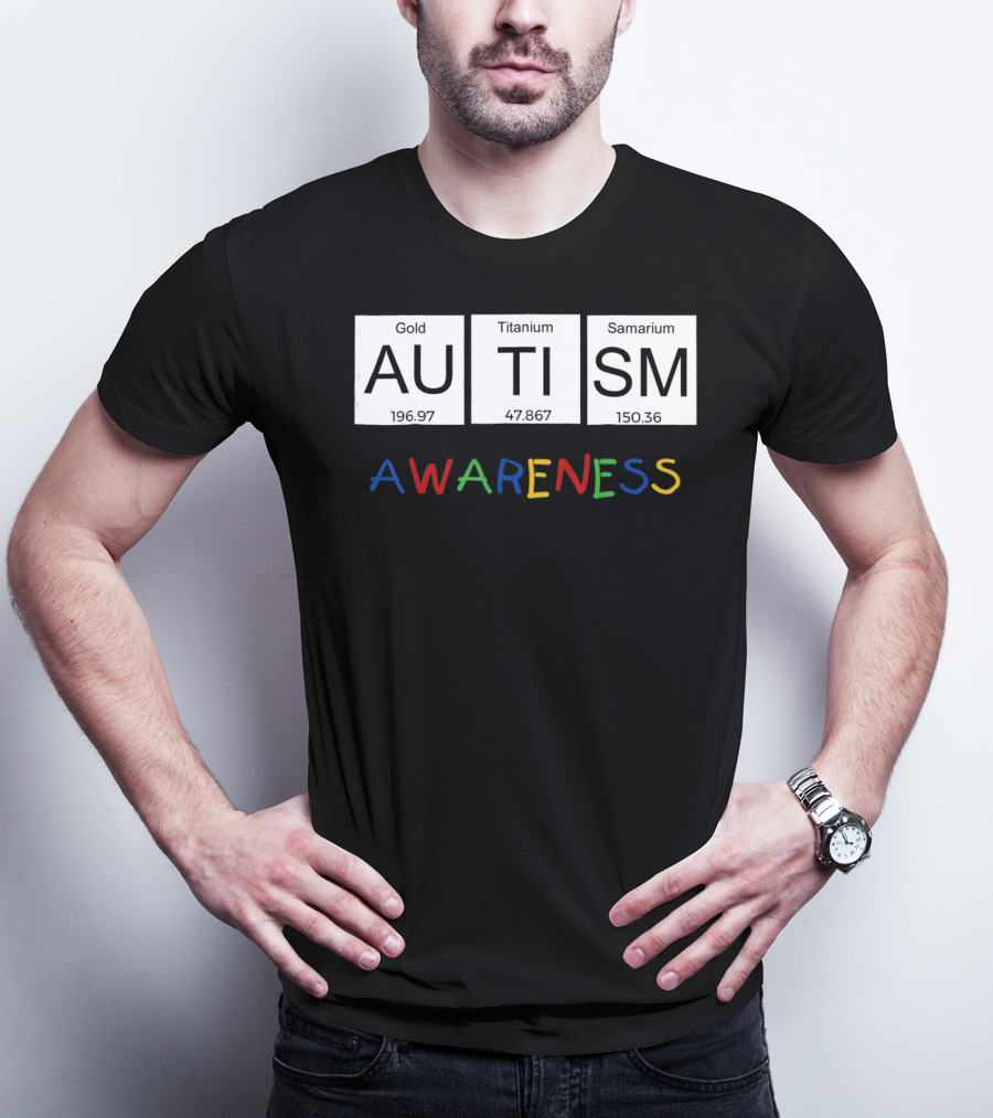 Autism Awareness Gold Titanium Samarium Periodic Table T-Shirt