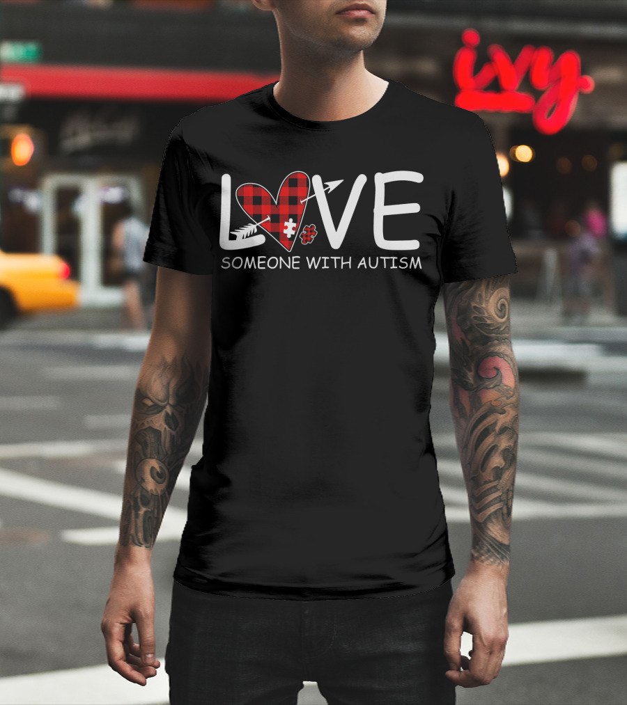 Love Someone With Autism Red Plaid Heart Puzzle Piece T-Shirt