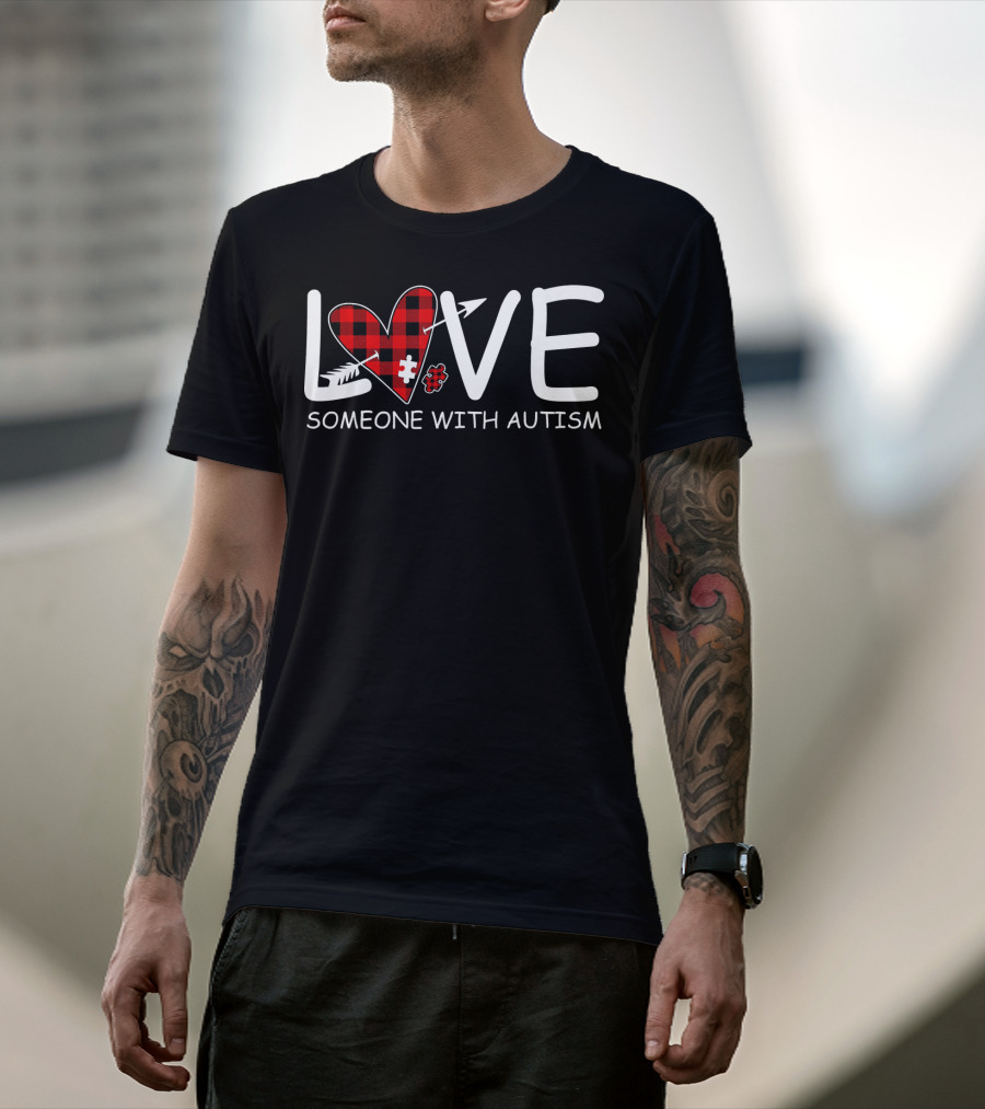 Love Someone With Autism Red Plaid Heart Puzzle Piece T-Shirt