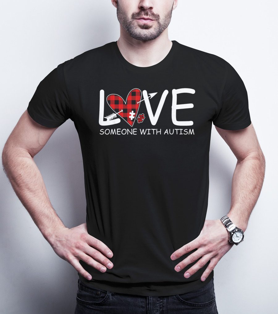Love Someone With Autism Red Plaid Heart Puzzle Piece T-Shirt