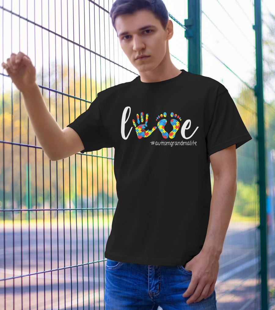 Love Autism Grandma Life Handprint Footprint Puzzle T-Shirt