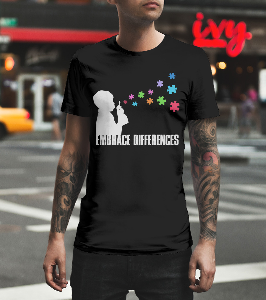 Embrace Differences Support Auti Autism Puzzle Pieces Bubbles T-Shirt