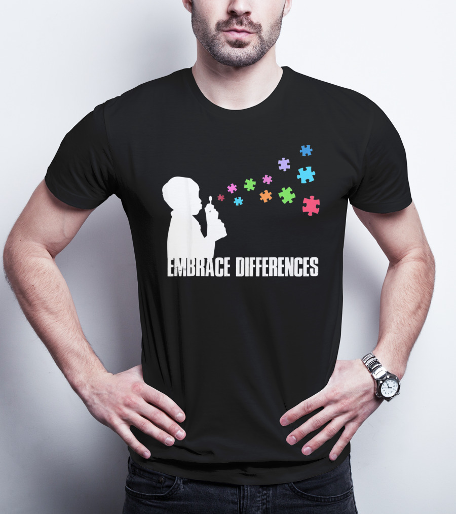 Embrace Differences Support Auti Autism Puzzle Pieces Bubbles T-Shirt
