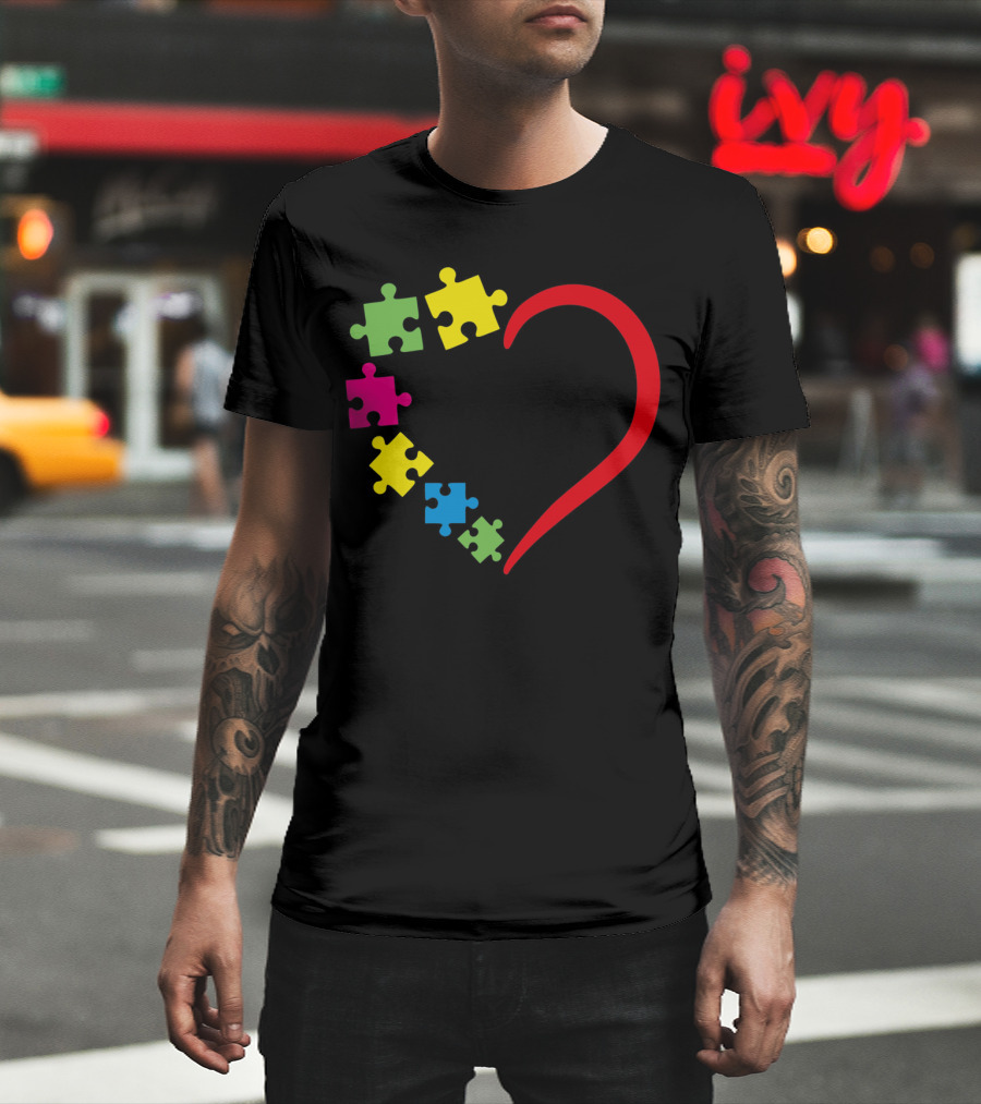 Love Ribbon Heart Puzzle Autism Awareness T-Shirt