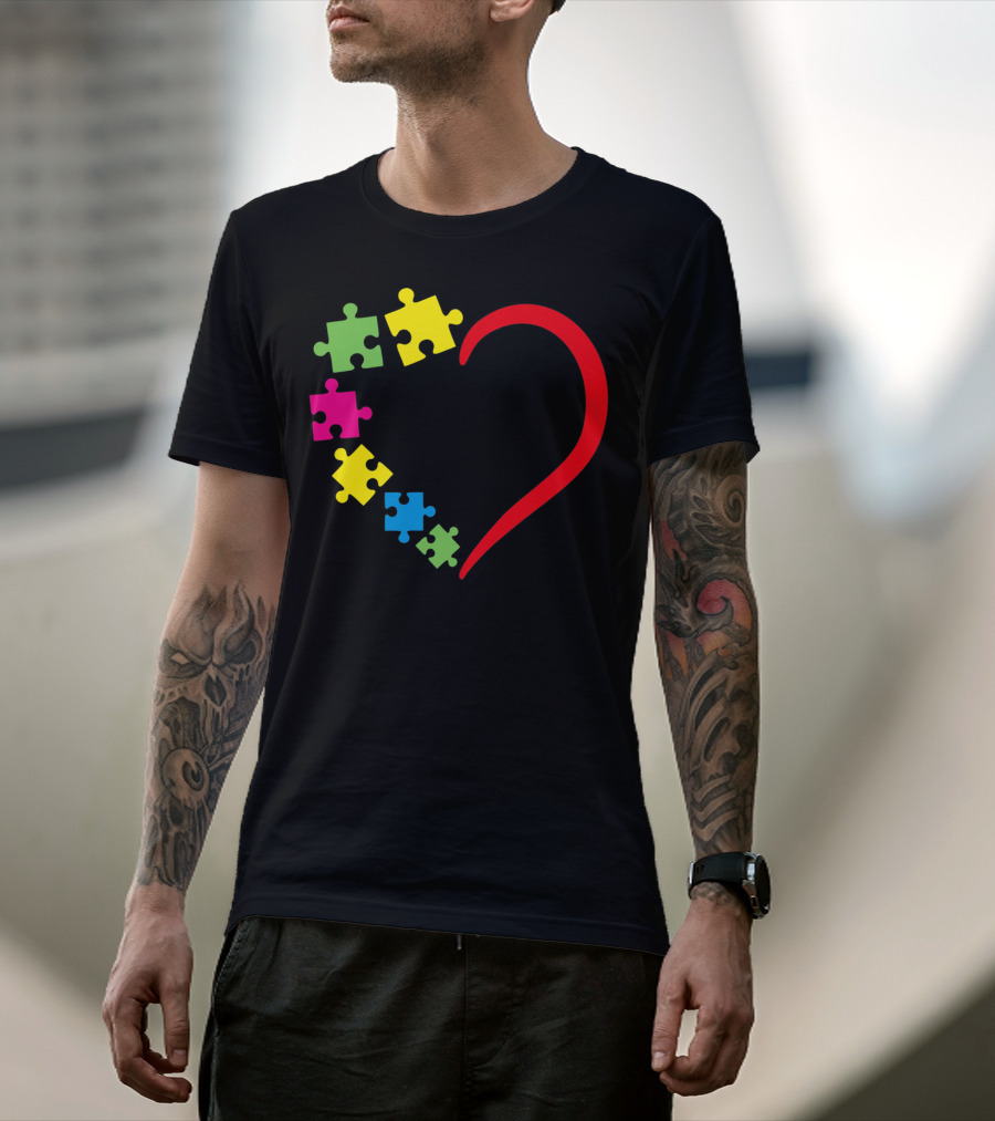 Love Ribbon Heart Puzzle Autism Awareness T-Shirt