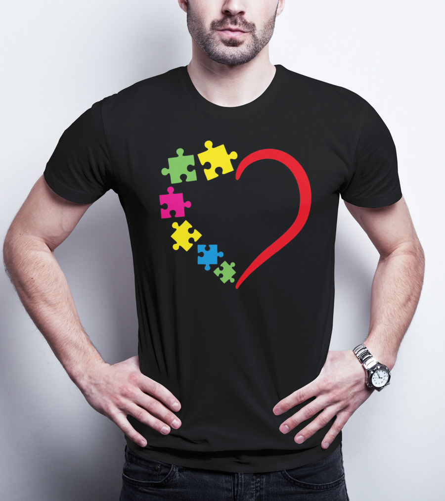 Love Ribbon Heart Puzzle Autism Awareness T-Shirt