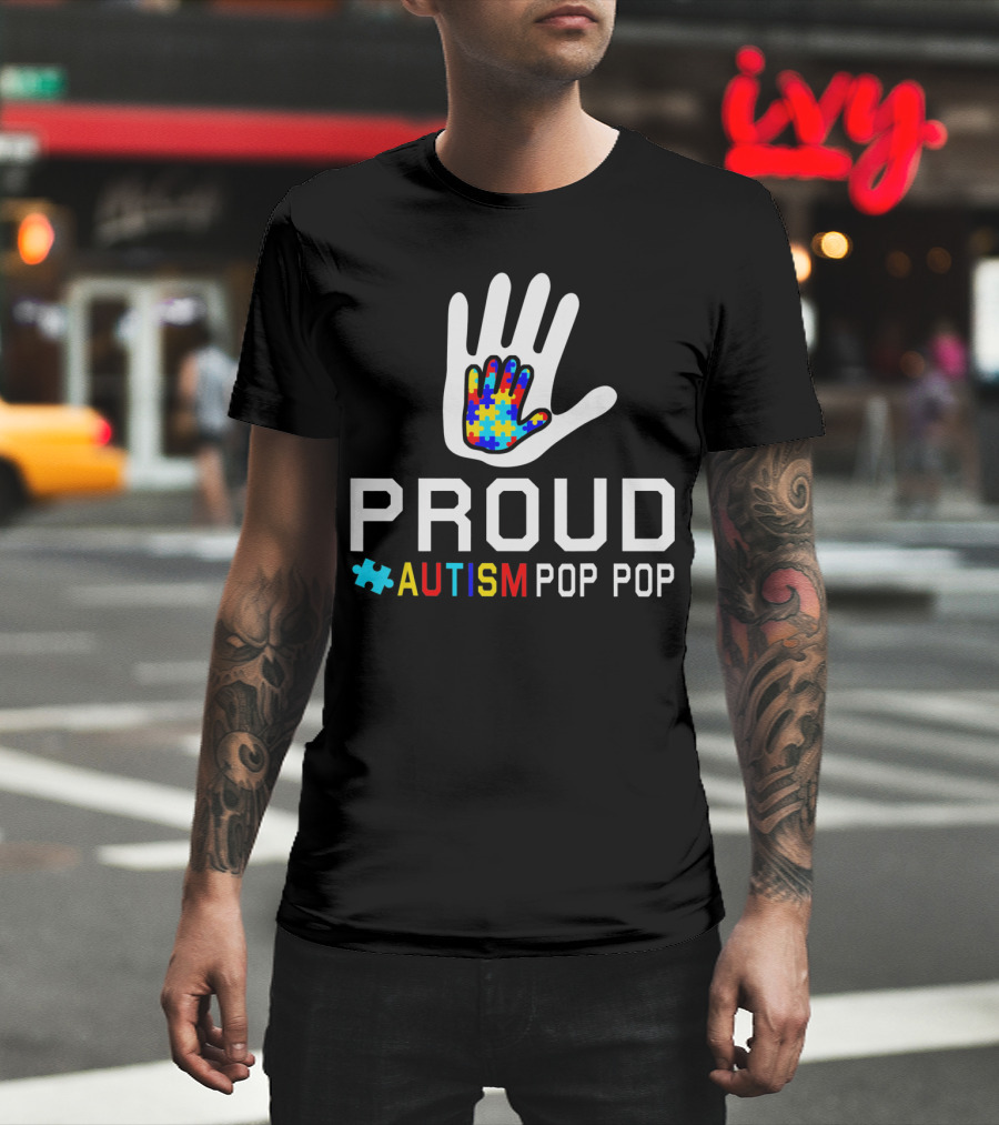 Proud Autism Pop Pop Autism Awareness Puzzle Hand T-Shirt