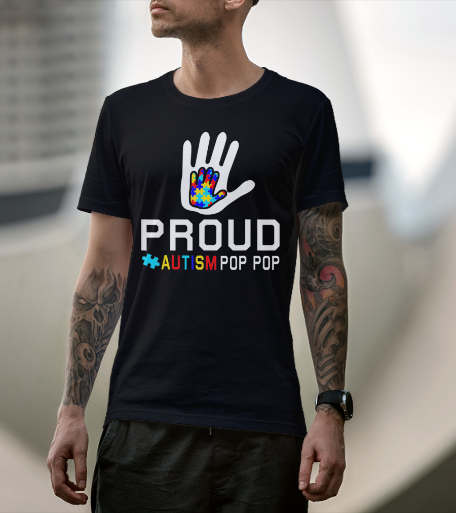 Proud Autism Pop Pop Autism Awareness Puzzle Hand T-Shirt