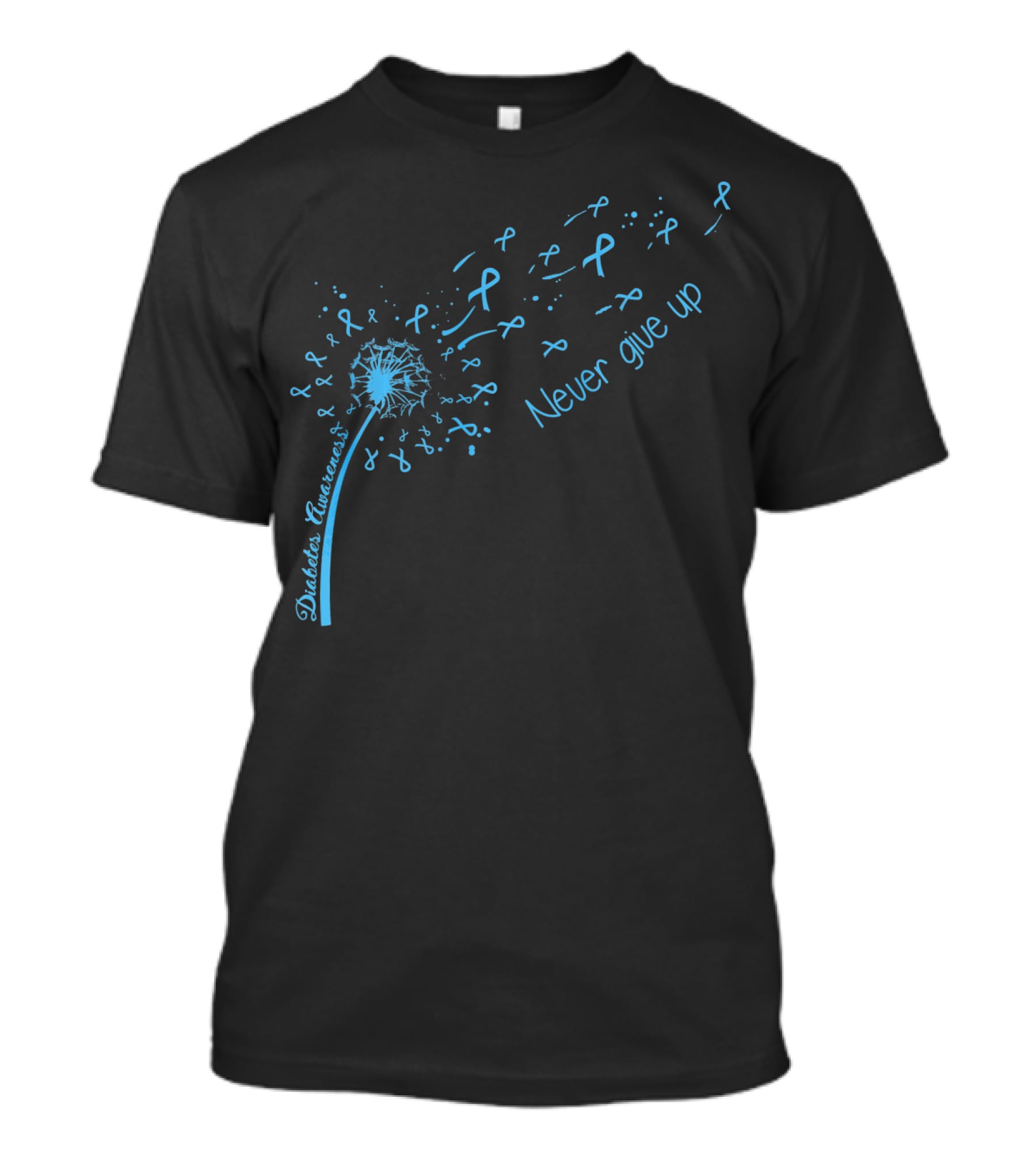 Diabetes Awareness Never Give Up Blue Ribbon Dandelion T-Shirt