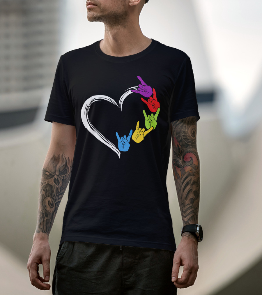 Kids Heart Love Colorful Hand Sign Language Rock T-Shirt