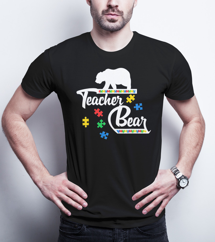 Teacher Bear Autism Awareness Puzzle Pieces T-Shirt