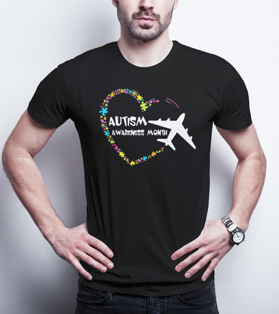 Autism Awareness Month Heart Puzzle With Airplane T-Shirt