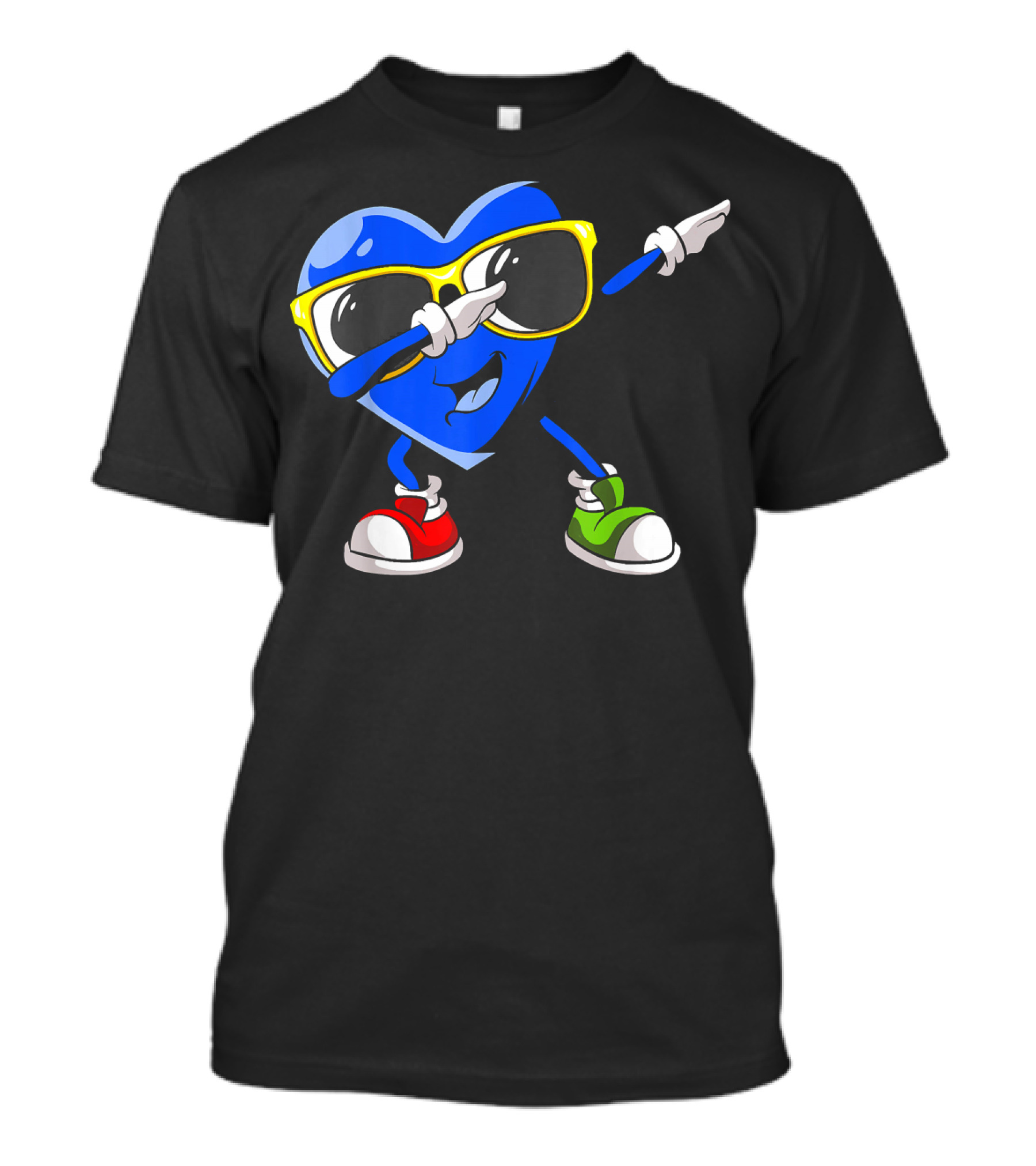 Autism Awareness Dabbing Blue Heart With Sunglasses In Red And Green Sneakers T-Shirt