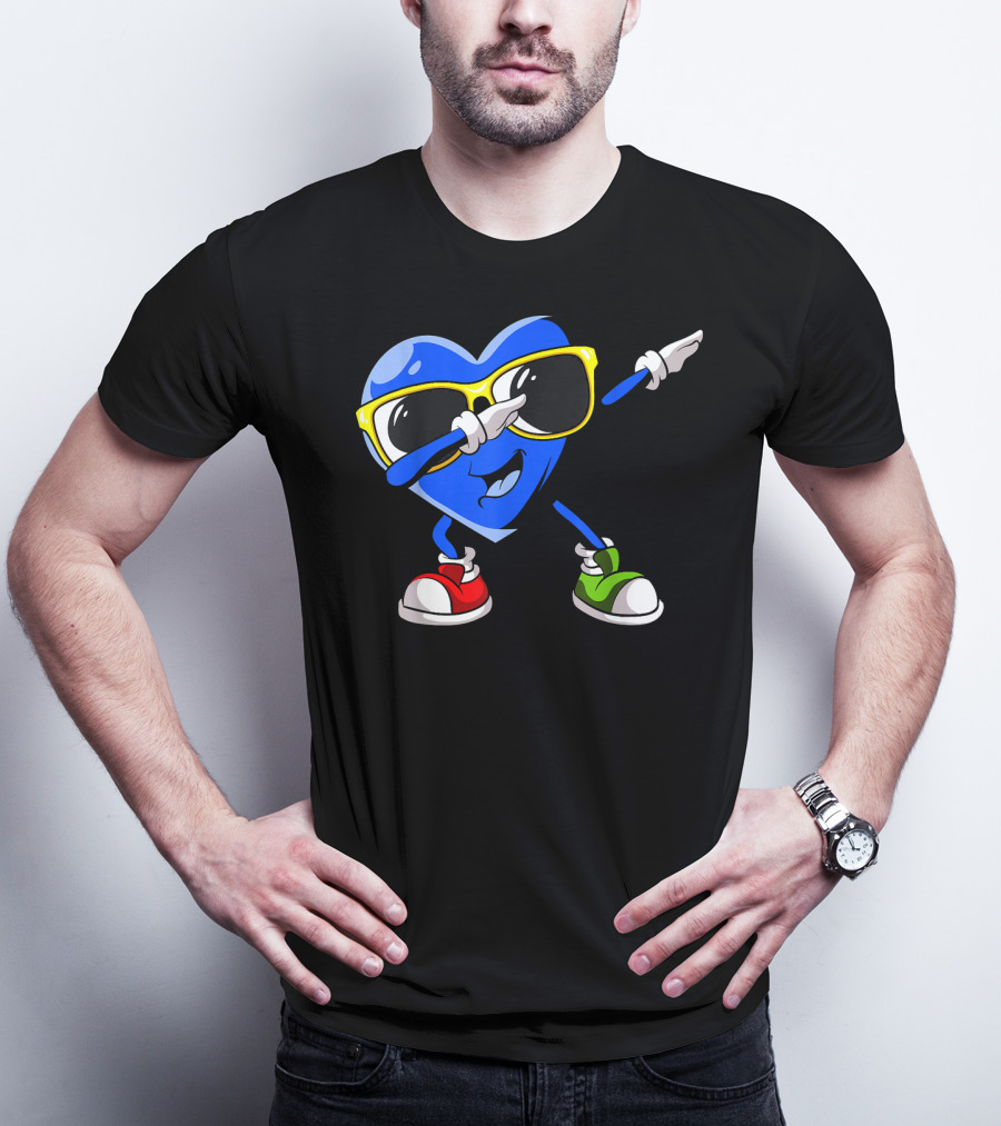Autism Awareness Dabbing Blue Heart With Sunglasses In Red And Green Sneakers T-Shirt
