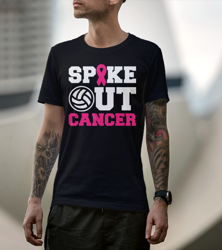 Volleyball Spike Out Cancer Pink Ribbon Breast Cancer Awareness T-Shirt