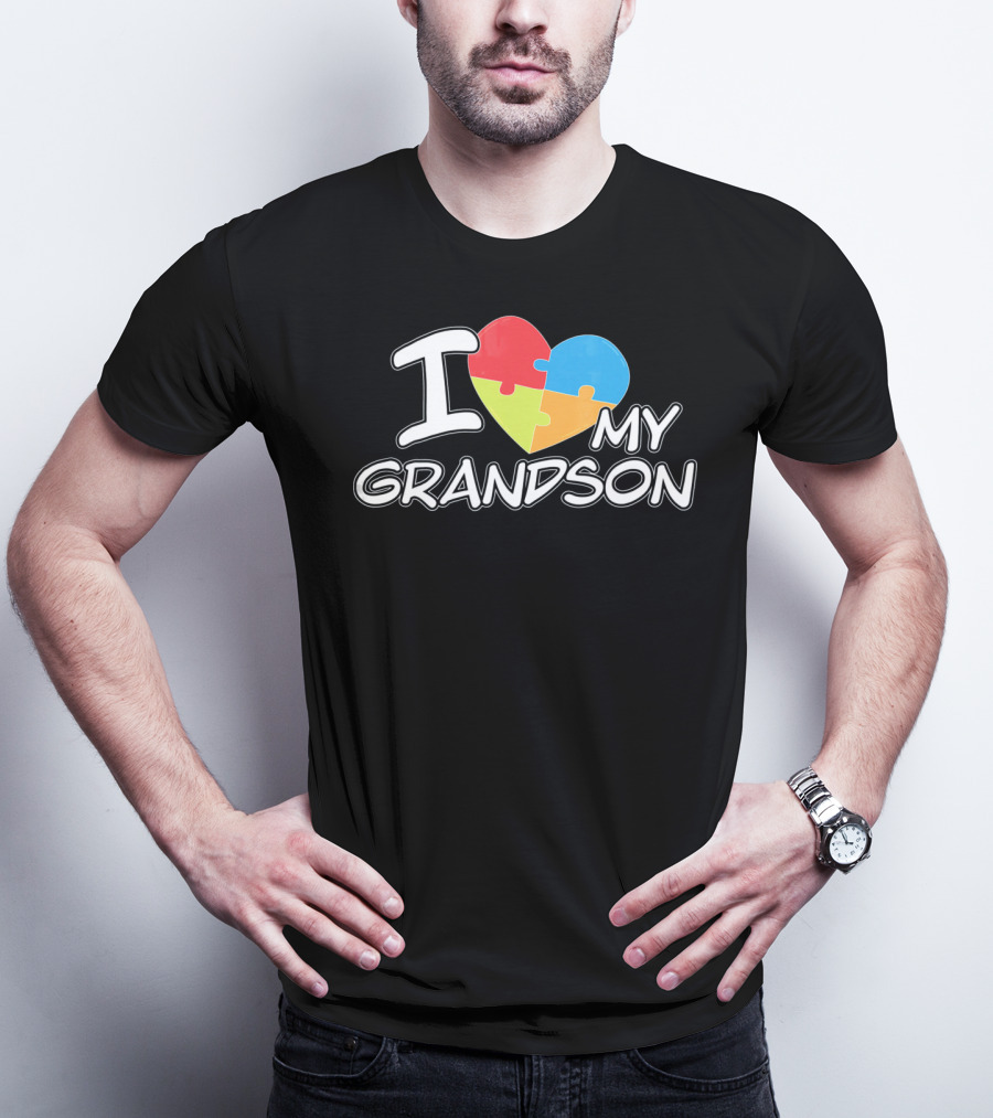 I Love My Grandson Puzzle Heart Autism Awareness T-Shirt