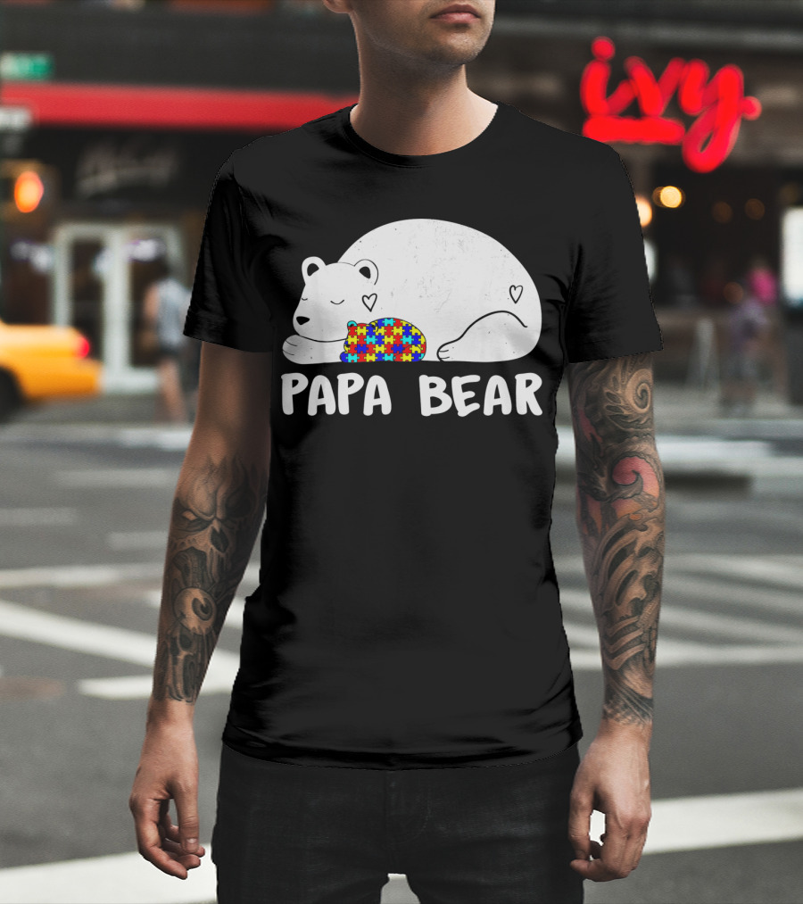 Papa Bear Autism Awareness Puzzle Heart T-Shirt