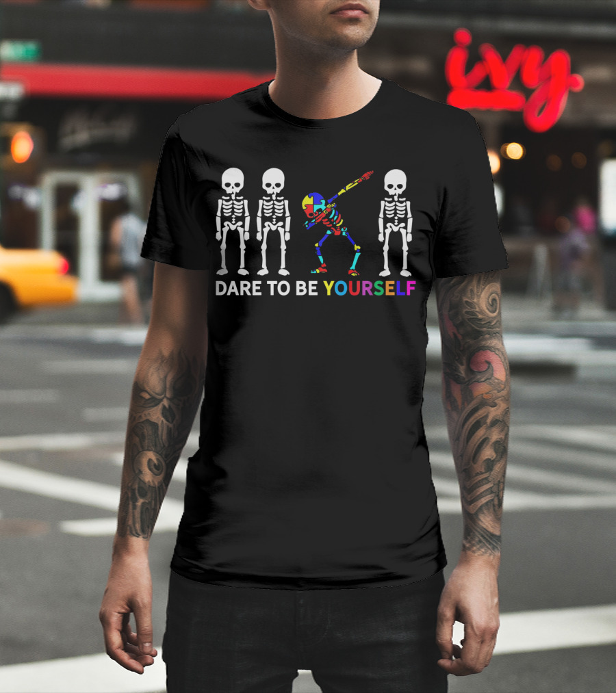 Skeleton Dabbing Dare To Be Yourself Autism Awareness T-Shirt