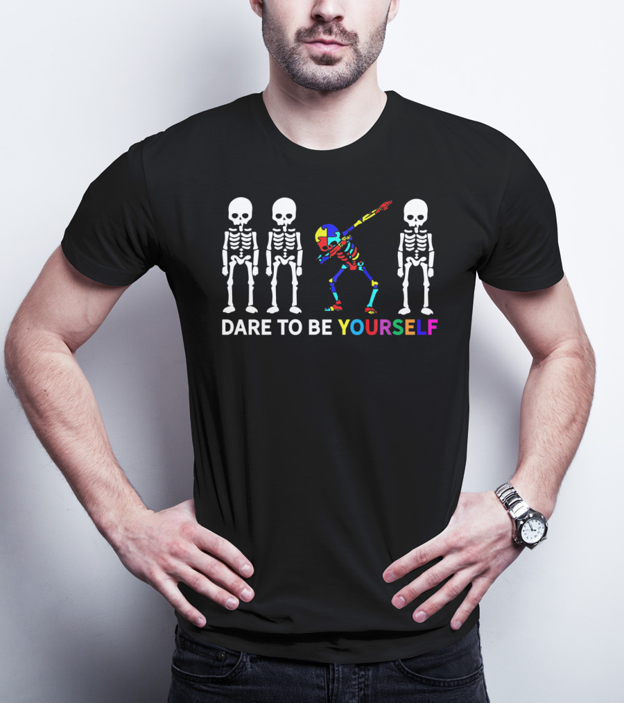 Skeleton Dabbing Dare To Be Yourself Autism Awareness T-Shirt