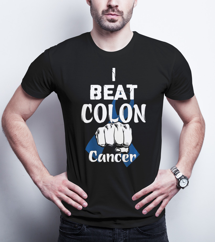 I Beat Colon Cancer Fist Blue T-Shirt