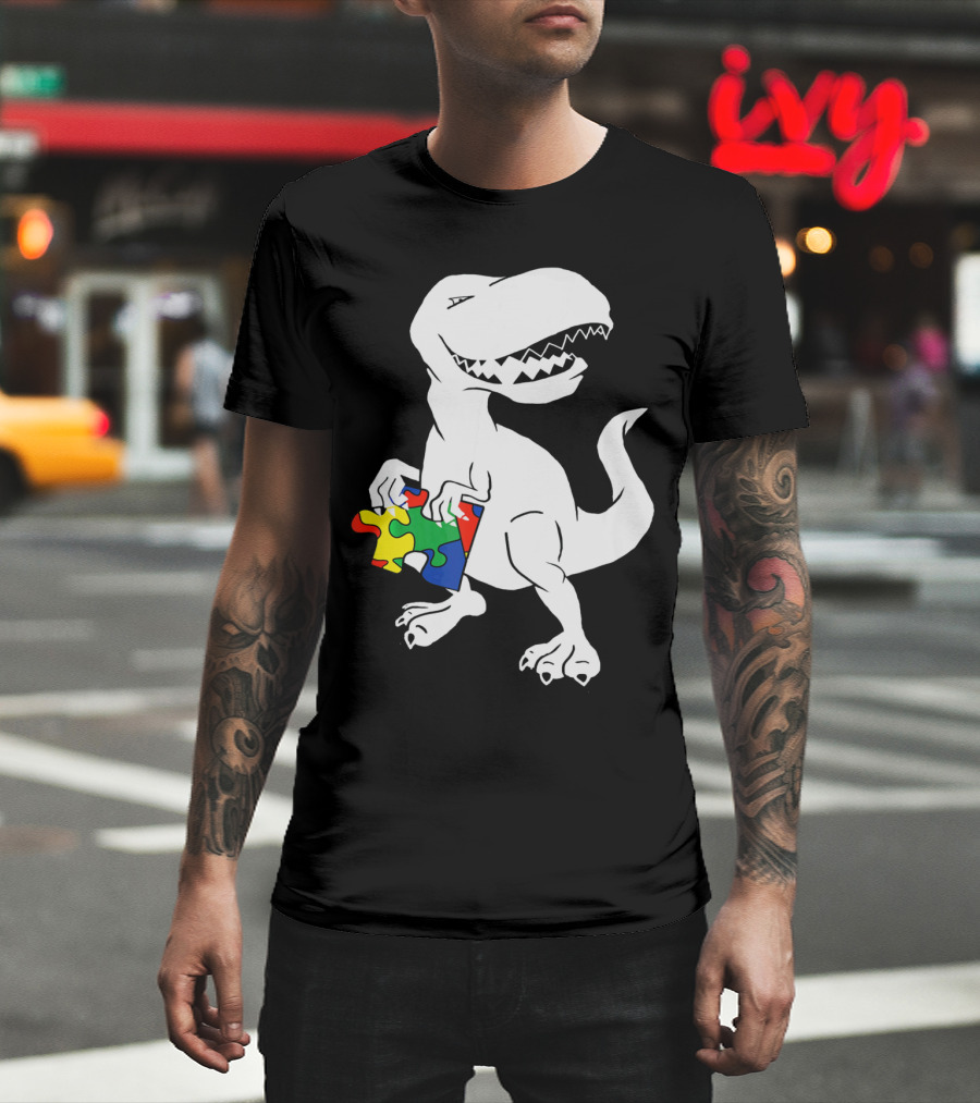 Dinosaur Holding Autism Puzzle Piece Awareness For Tyra T-Shirt
