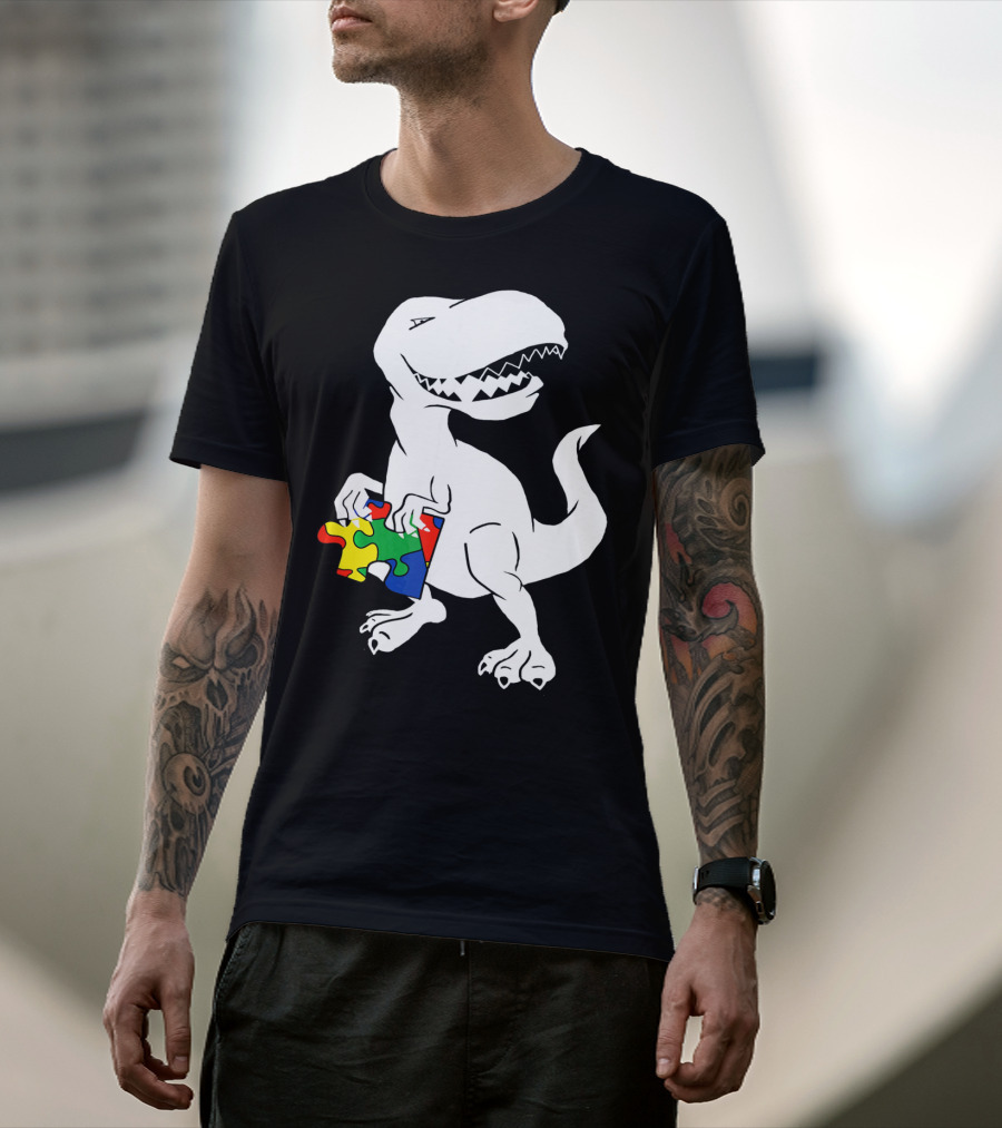 Dinosaur Holding Autism Puzzle Piece Awareness For Tyra T-Shirt