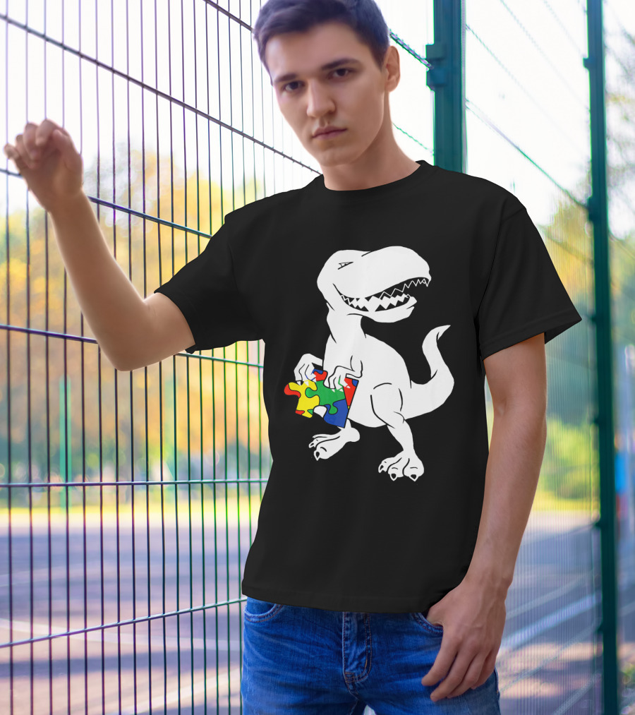 Dinosaur Holding Autism Puzzle Piece Awareness For Tyra T-Shirt