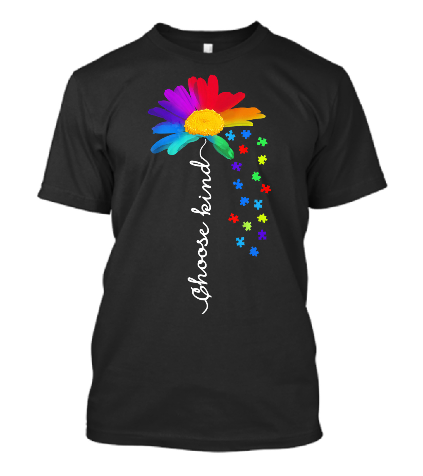 Choose Kind Autism Awareness Rainbow Daisy Puzzle Pieces T-Shirt