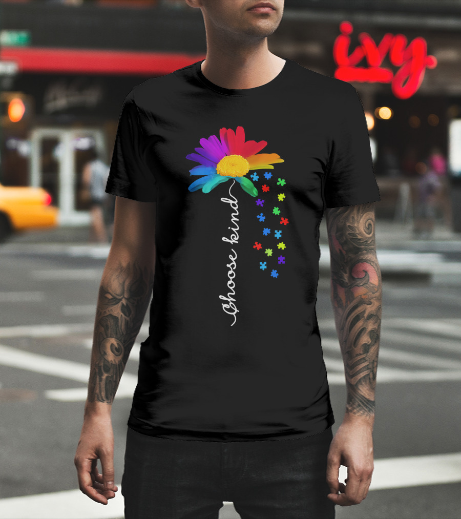 Choose Kind Autism Awareness Rainbow Daisy Puzzle Pieces T-Shirt